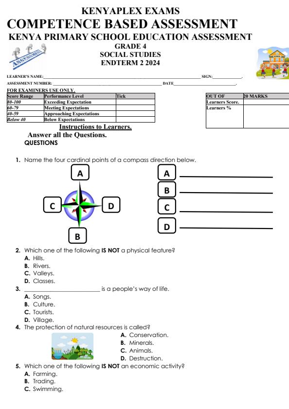 Grade 4 Social Studies End of Term 2 Examination 2024 - 2828