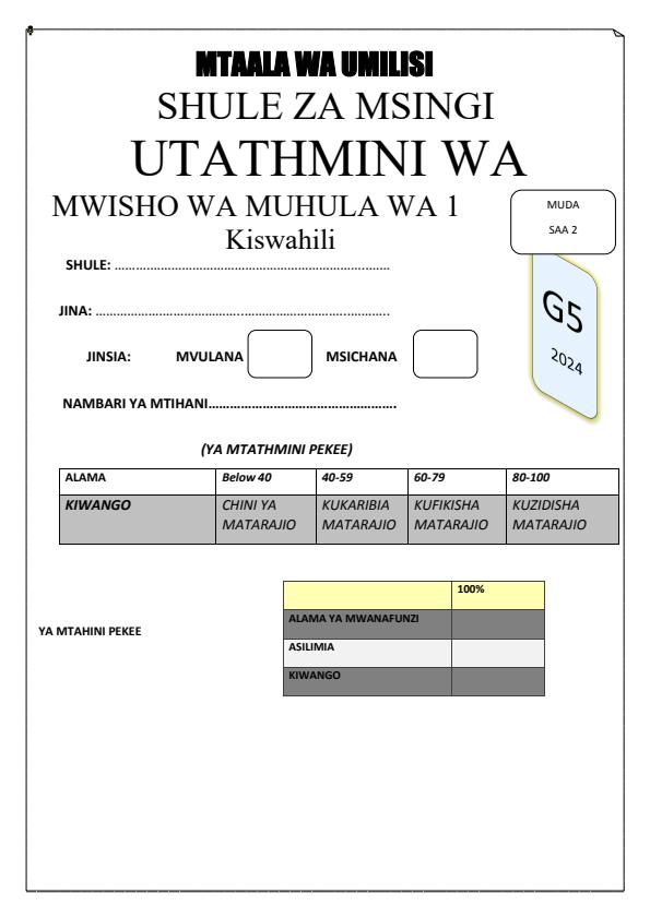 Grade 5 Kiswahili End of Term 1 Exam 2024 - 2198