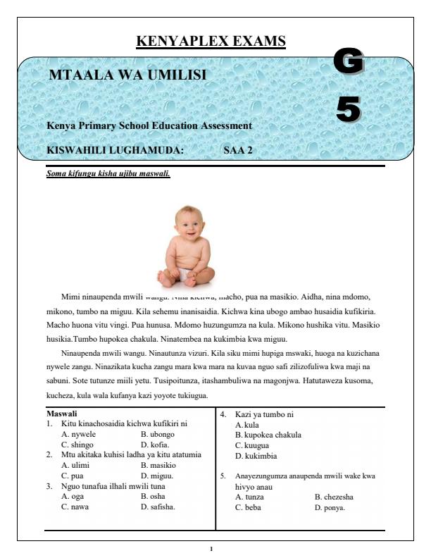 Grade 5 Kiswahili Mid Term 1 Exam 2025 - 3653