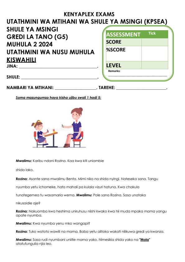 Grade 5 Kiswahili Mid Term 2 Exam 2024 - 2679
