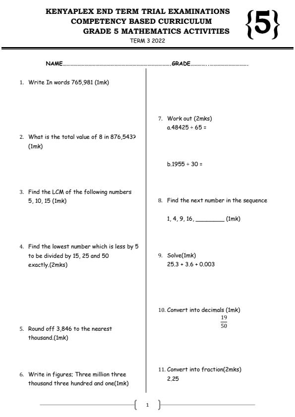 Grade 5 Mathematics End of Term 3 Exam 2022 - 1038