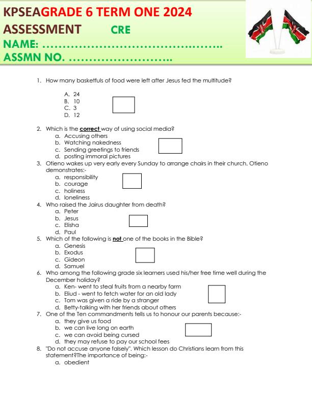 Grade 6 CRE Term 1 Opener Exam 2024