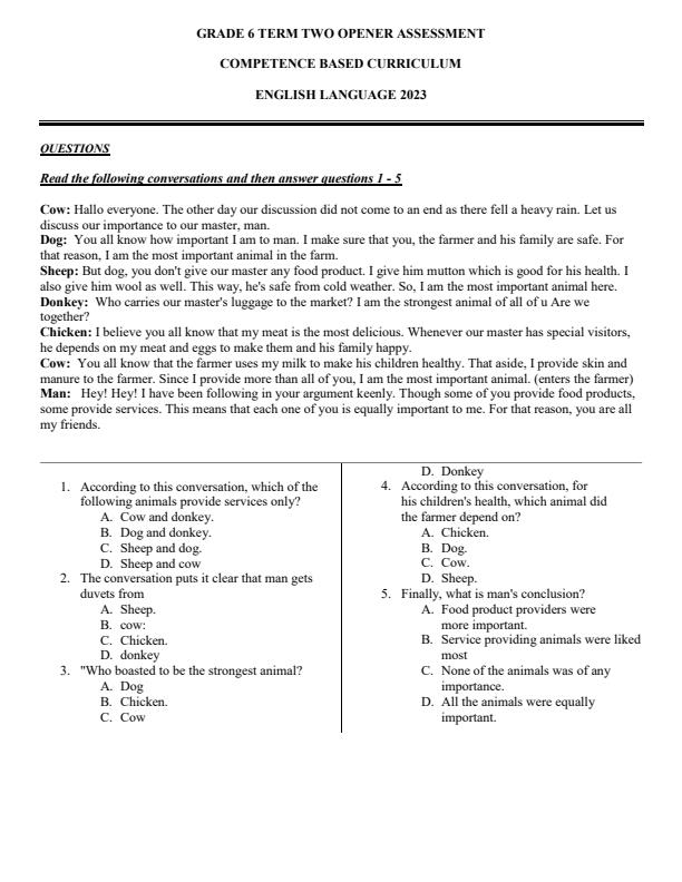 Grade 6 English Term 2 Opener Examination 2023 1657 Grade 6 English Term 2 Opener Examination 2023 1657