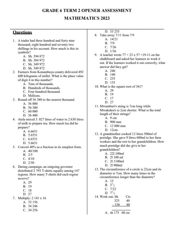 Grade 6 Mathematics Term 2 Opener Examination 2023 Grade 6 Mathematics Term 2 Opener Examination 2023