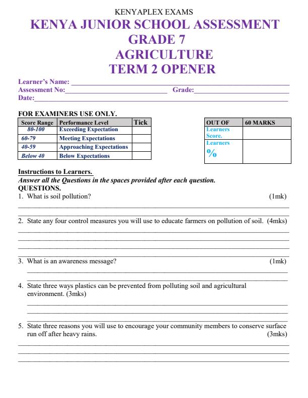 Grade 7 Agriculture Term 2 Opener Exam 2024 2399 Grade 7 Agriculture Term 2 Opener Exam 2024 2399