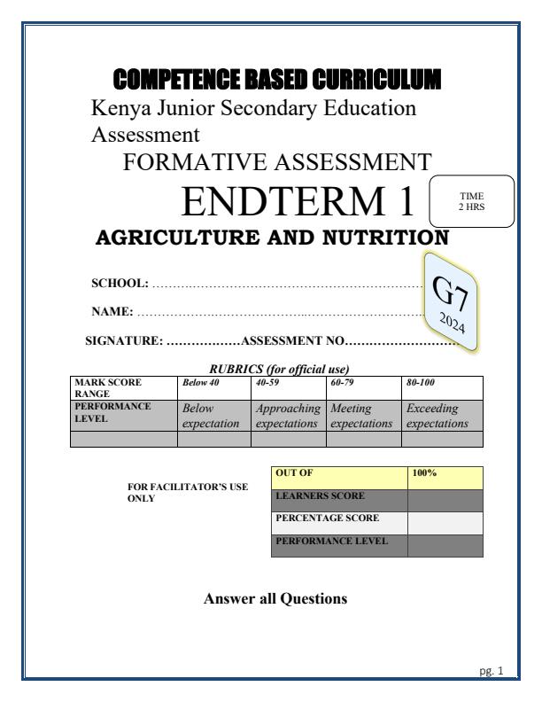 Grade 7 Agriculture and Nutrition End of Term 1 Exam 2024 - 2137