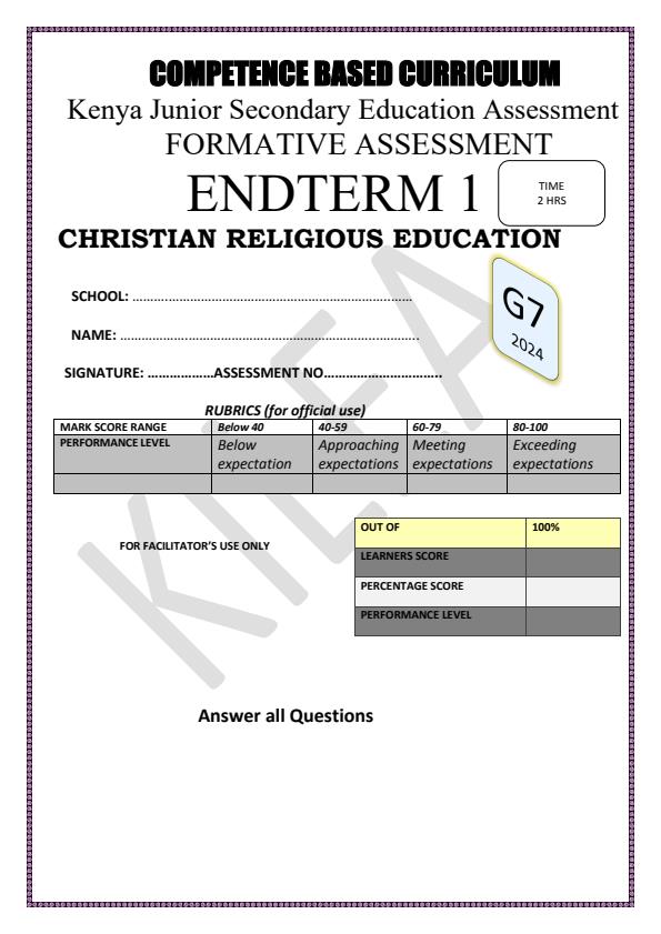 Grade 7 CRE End of Term 1 Exam 2024 - 2139