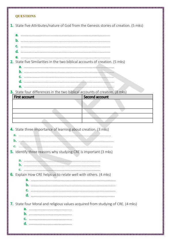 Grade 7 CRE End Of Term 1 Exam 2024 Grade 7 CRE End Of Term 1 Exam 2024