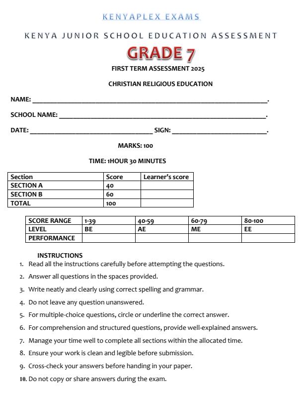 Grade 7 CRE End of Term 1 Examination 2025 - 3825