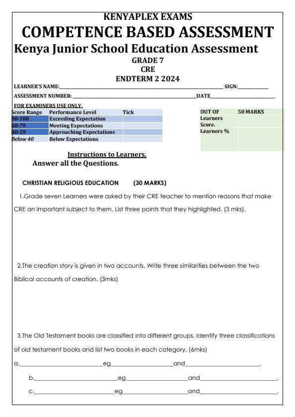 Grade 7 CRE End of Term 2 Examination 2024 - 2798