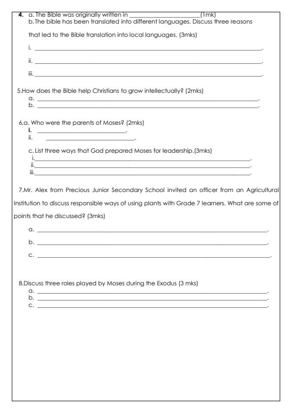 Grade 7 CRE End of Term 2 Examination 2024 - 2798