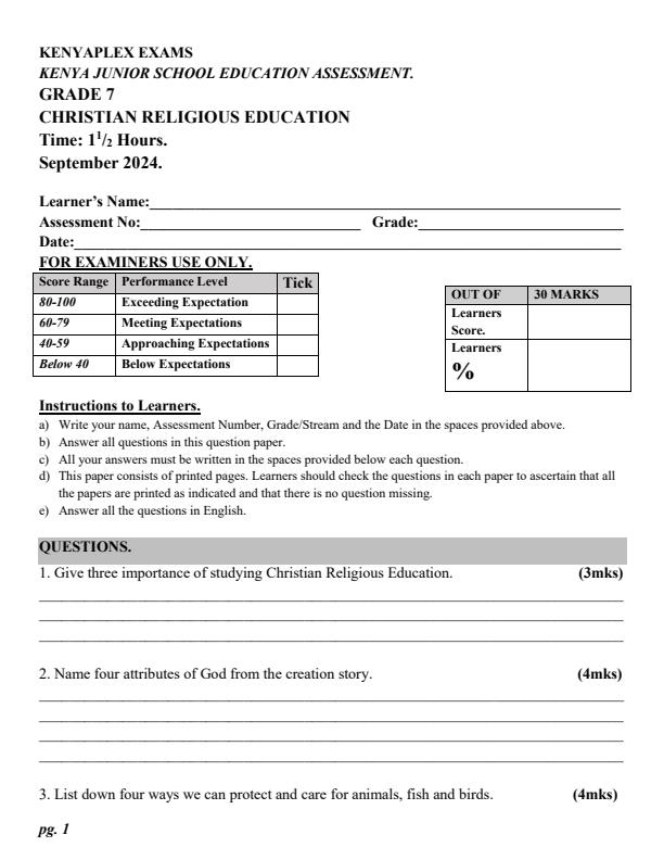 Grade 7 CRE End of Term 3 Examination 2024 - 3377