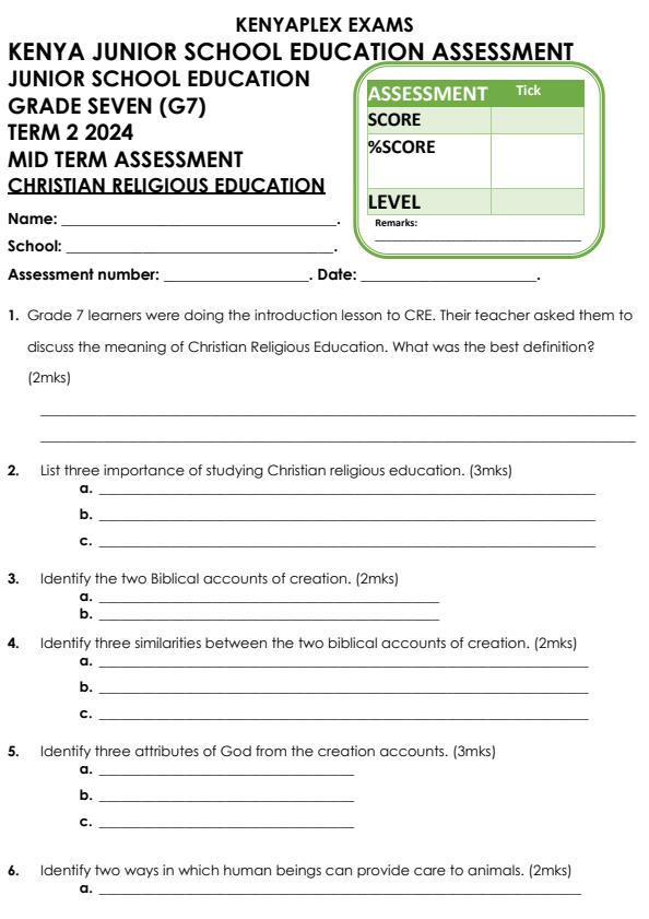 Grade 7 CRE Mid Term 2 Exam 2024 - 2655