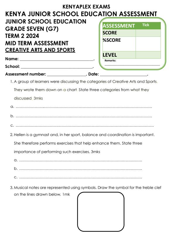 Grade 7 Creative Arts and Sports Mid Term 2 Exam 2024 - 2656