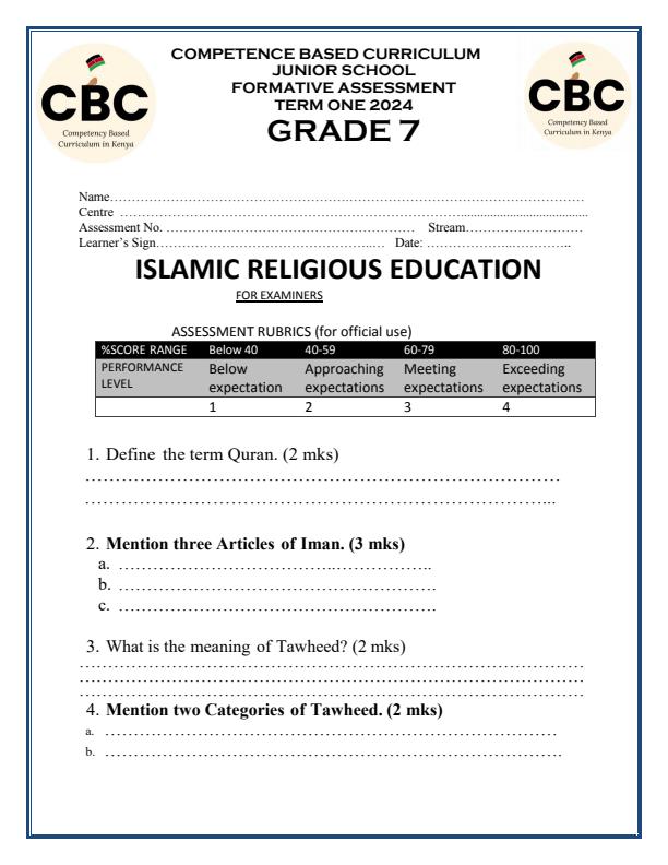 Grade 7 IRE Mid Term 1 Exam 2024 Set 1 - 2092
