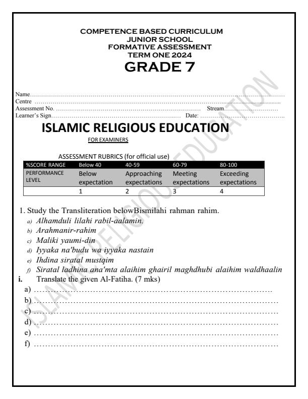 Grade 7 IRE Mid Term 1 Exam 2024 Set 2 - 2101