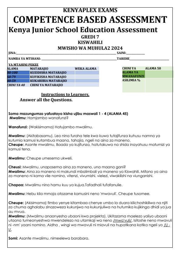 Grade 7 Kiswahili End of Term 2 Examination 2024 - 2803