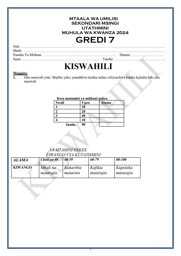 Grade 7 Kiswahili Mid Term 1 Exam 2024 Set 2 - 2102