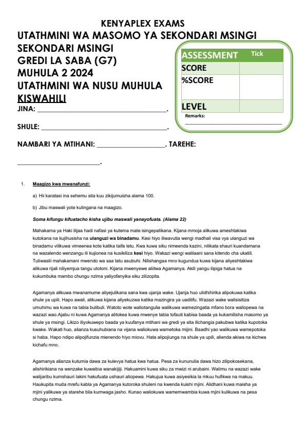 Grade 7 Kiswahili Mid Term 2 Exam 2024 - 2660