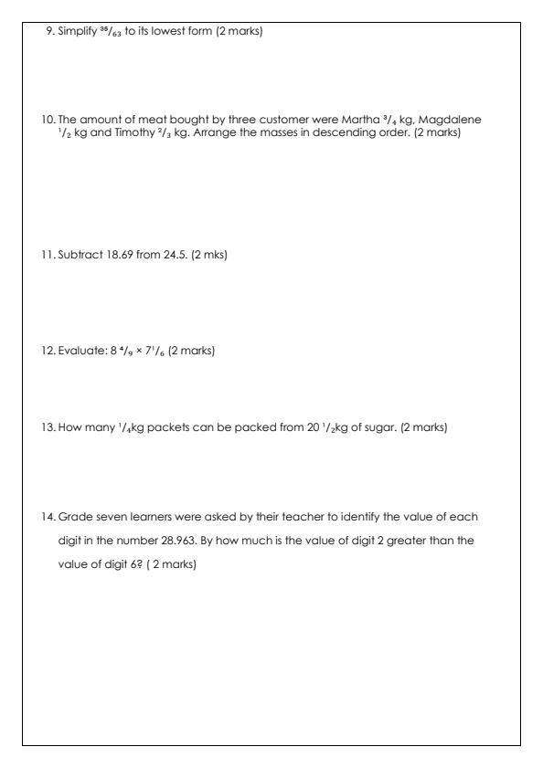 Grade 7 Mathematics End of Term 2 Examination 2024 - 2804
