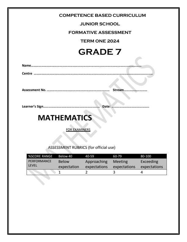 Grade 7 Mathematics Mid Term 1 Exam 2024 Set 2 - 2103