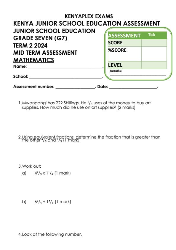 Grade 7 Mathematics Mid Term 2 Exam 2024 - 2661