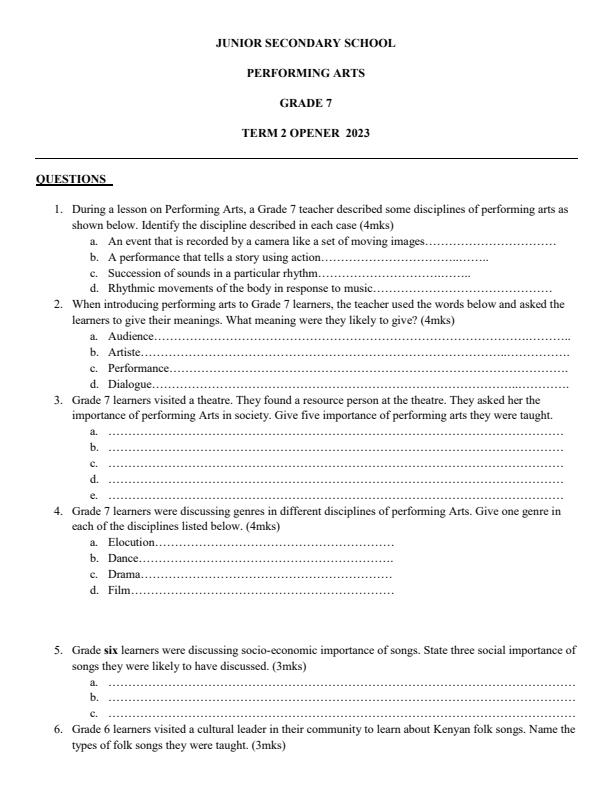 Grade 7 Pre Technical Studies Term 1 Opener Exam 2024 - 1974