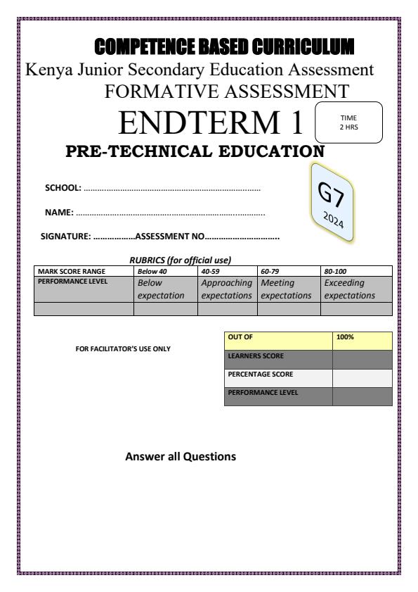Grade 7 Pre Technical Studies End of Term 1 Exam 2024 - 2142