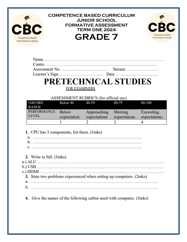 Grade 7 Pre Technical Studies Mid Term 1 Exam 2024 Set 1 - 2094