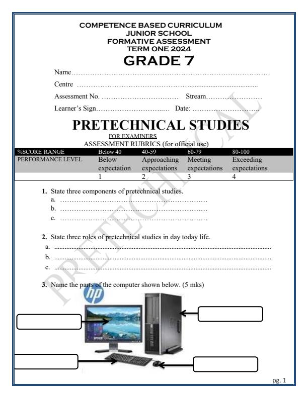 Grade 7 Pre Technical Studies Mid Term 1 Exam 2024 Set 2 - 2104