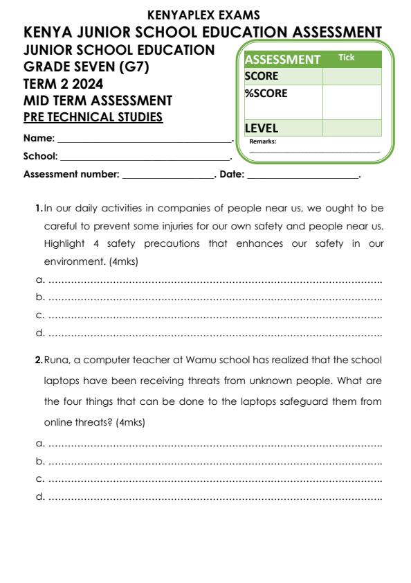 Grade 7 Pre Technical Studies Mid Term 2 Exam 2024 - 2662