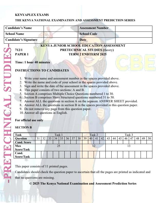 Grade 7 Pre Technical Studies Paper 1 End of Term 2 Exam 2025 - 4399