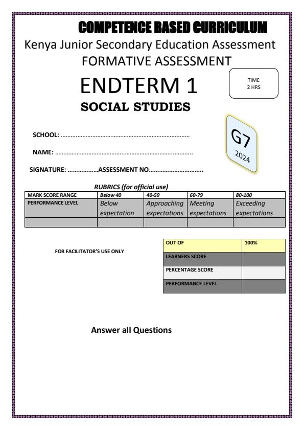 Grade 7 Social Studies End of Term 1 Exam 2024 - 2144