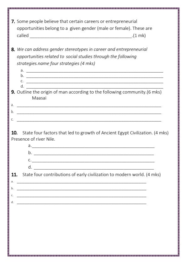 Grade 7 Social Studies End of Term 1 Exam 2024 - 2144