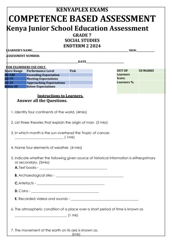 Grade 7 Social Studies End of Term 2 Examination 2024 - 2806