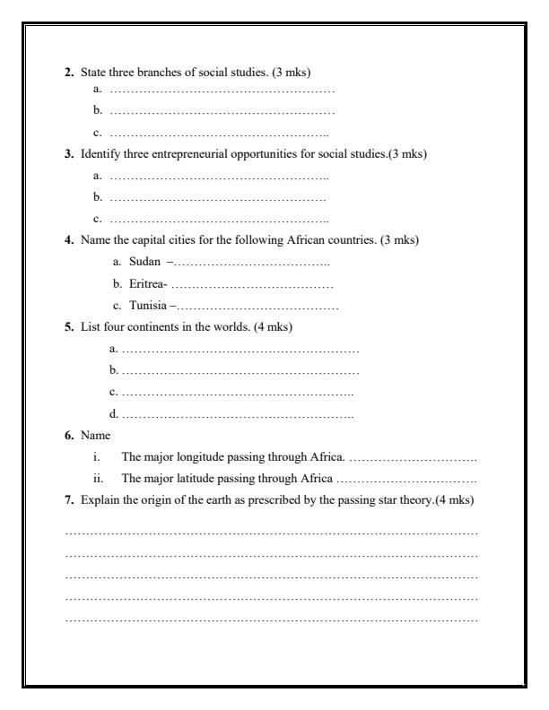 Grade 7 Social Studies Mid Term 1 Exam 2024 Set 1 - 2095