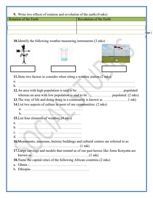 Grade 7 Social Studies Mid Term 1 Exam 2024 Set 2 - 2105