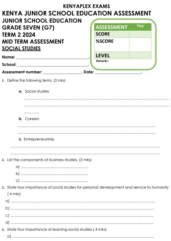 Grade 7 Social Studies Mid Term 2 Exam 2024 - 2663