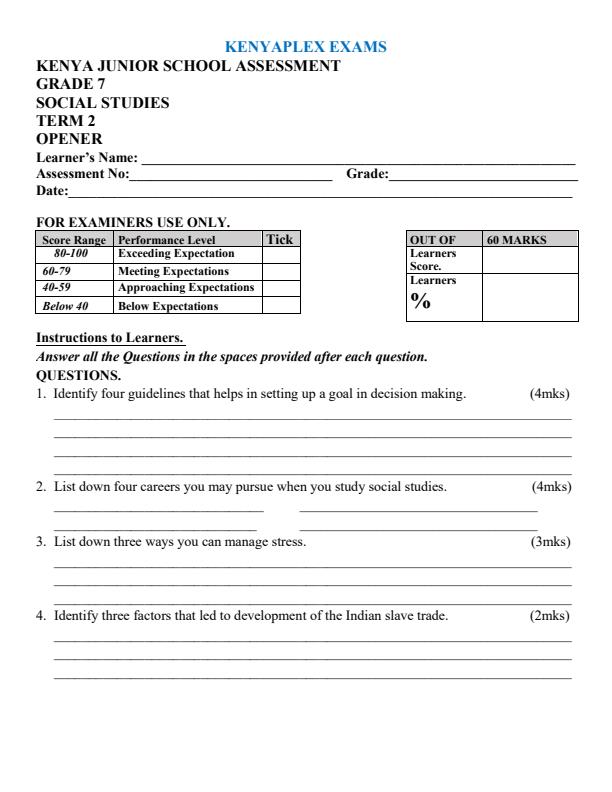 Grade 7 Social Studies Term 2 Opener Exam 2024 - 2407