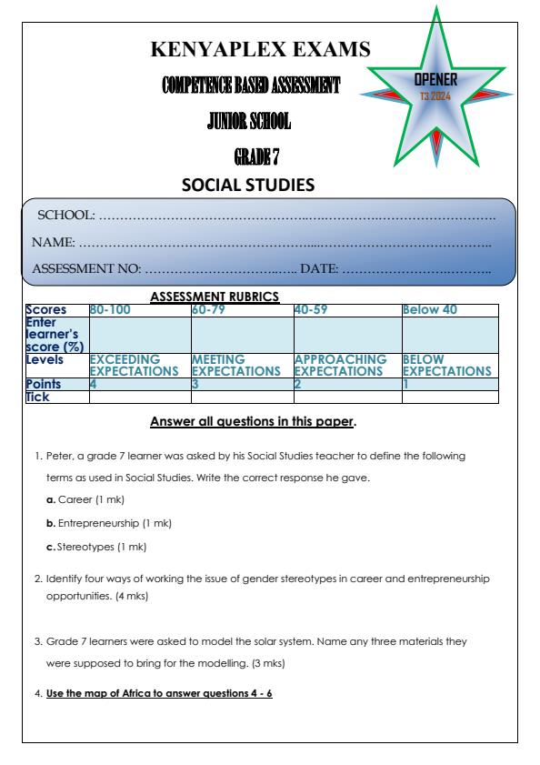 Grade 7 Social Studies Term 3 Opener Exam 2024 - 2924