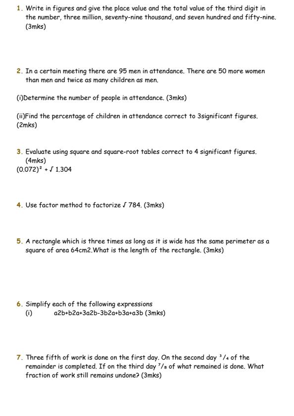 Grade 8 Mathematics Mid Term 3 Exam 2024 - 3224