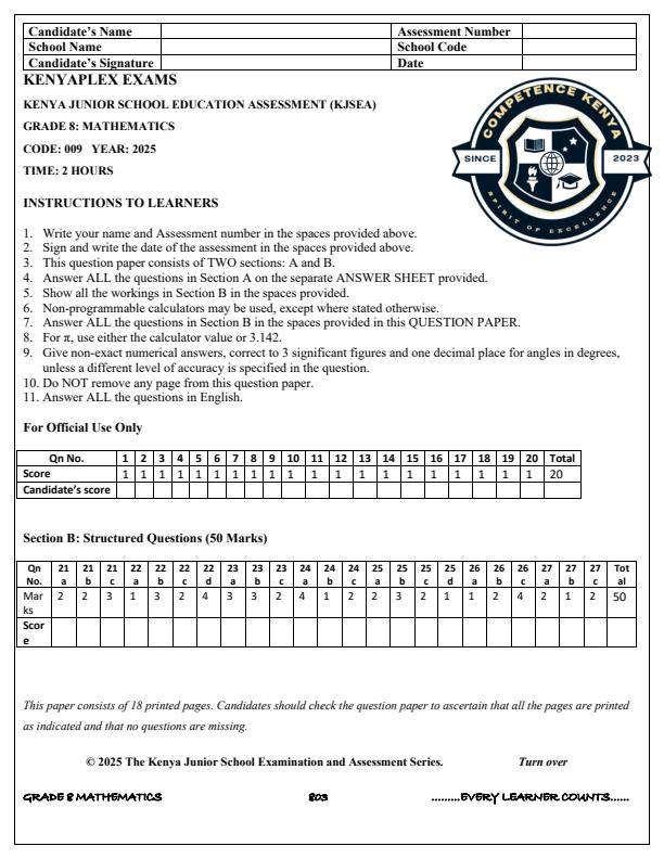 Grade 8 Mathematics Term 3 Opener Exam 2025 - 4556