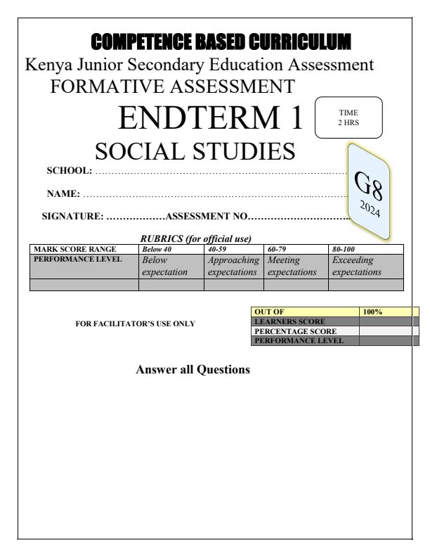 Grade 8 Social Studies End of Term 1 Exam 2024 - 2153
