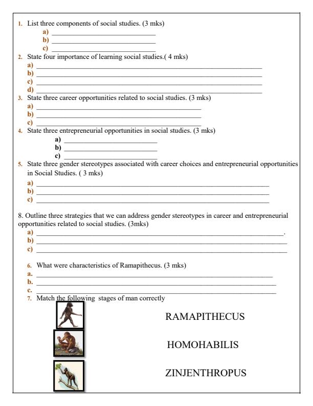 Grade 8 Social Studies End of Term 1 Exam 2024 - 2153
