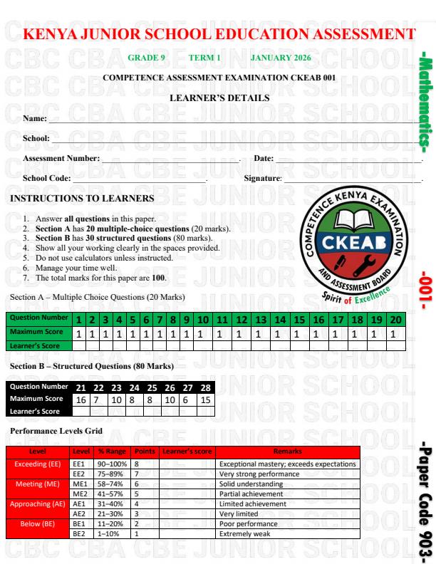 Grade 9 Mathematics Opener Exam Term 1 2026 - 5011