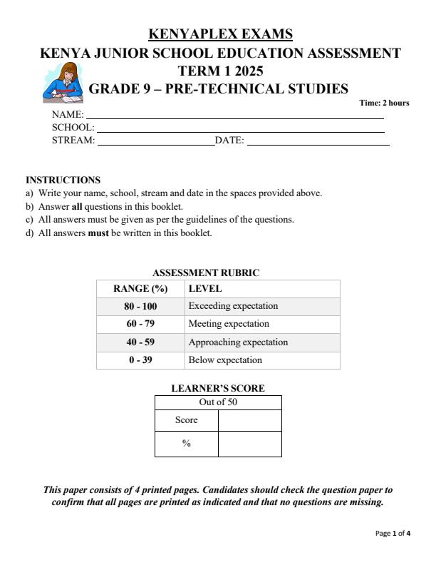 Grade 9 Pre Technical Studies Mid Term 1 Exam 2025 - 3693