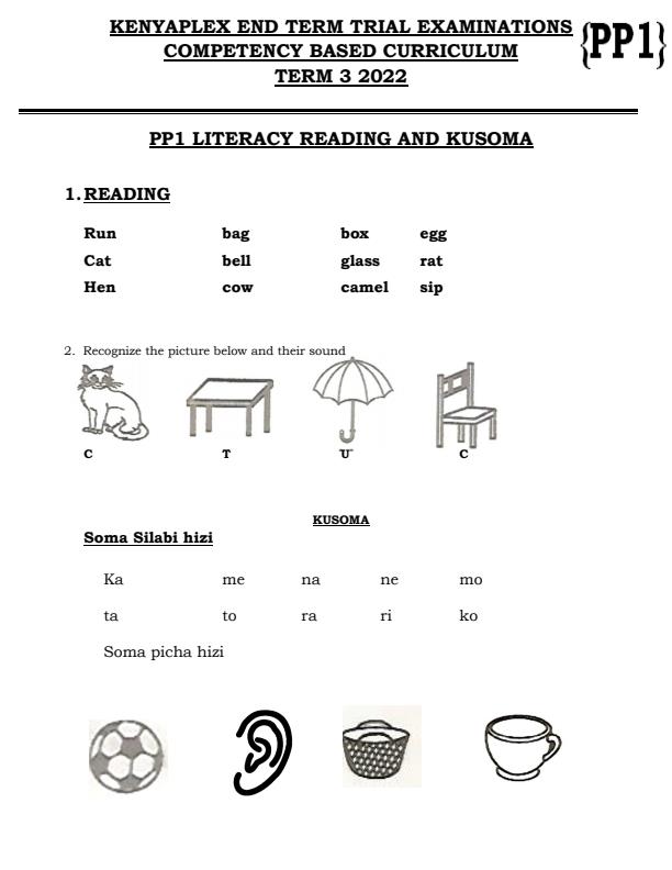 PP1 Literacy Reading and Kusoma End of Term 3 Examination 2022 - 1107