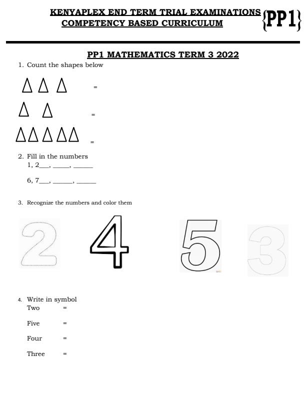 PP1 Mathematics Activities End of Term 3 Examination 2022 - 1108