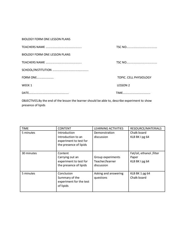 Form 1 Biology Lesson Plans - 142