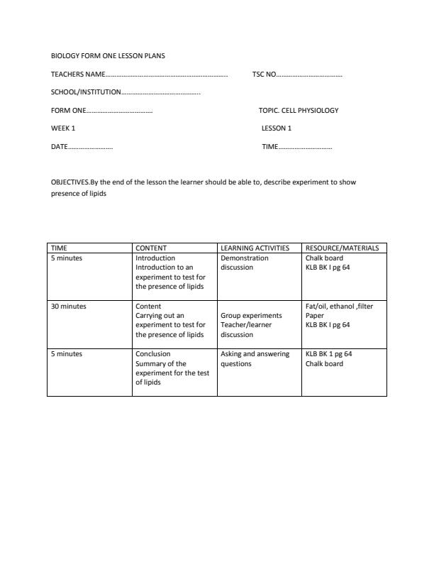 Form 1 Biology Lesson Plans - 142